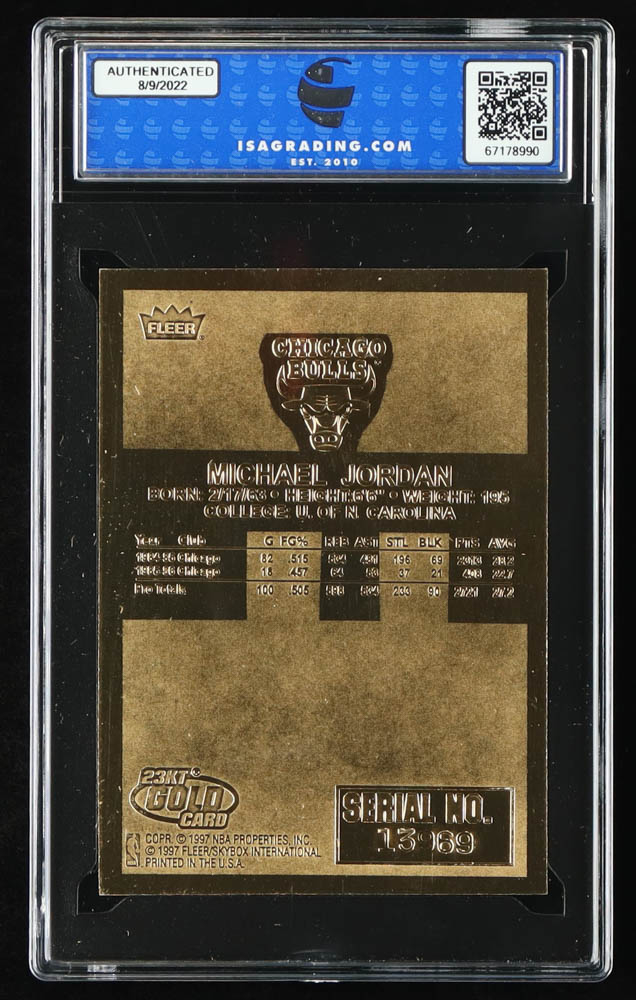 Michael Jordan 1997 Fleer 23KT Gold Trading Card #13,969 (ISA 10 ...