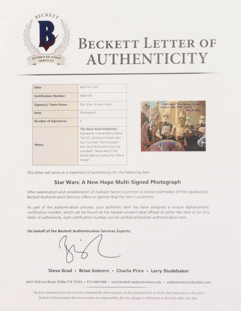 Kenny Baker, Anthony Forrest & Terry McGovern Signed "Star Wars: A New ...