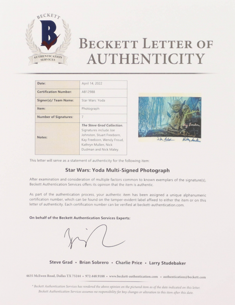 "Star Wars: Yoda" 8x10 Photo Signed By (7) with Joe Johnston, Stuart ...