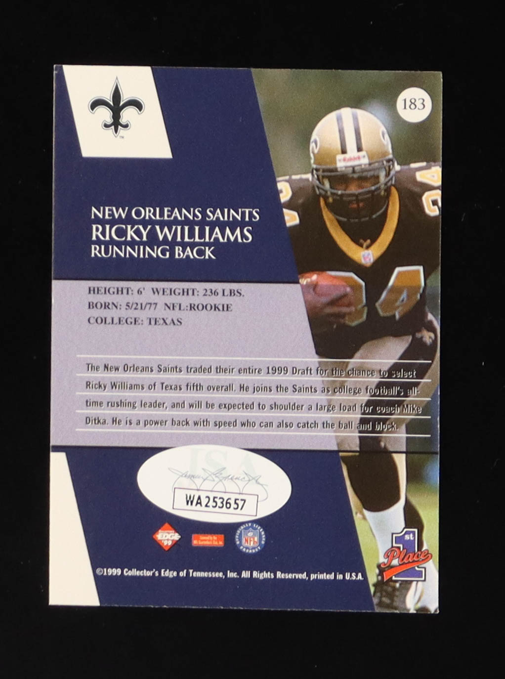 Ricky Williams Signed 1999 Collector's Edge First Place Gold Ingot #183 (JSA) | Pristine Auction