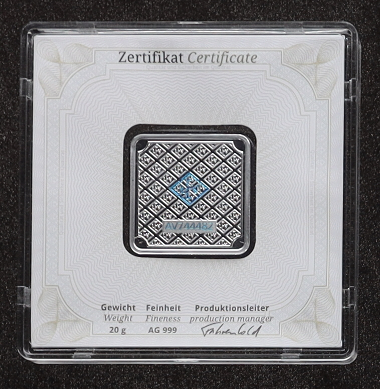 20 Gram .999 Fine Silver Geiger Square Bar Encapsulated with Assay ...