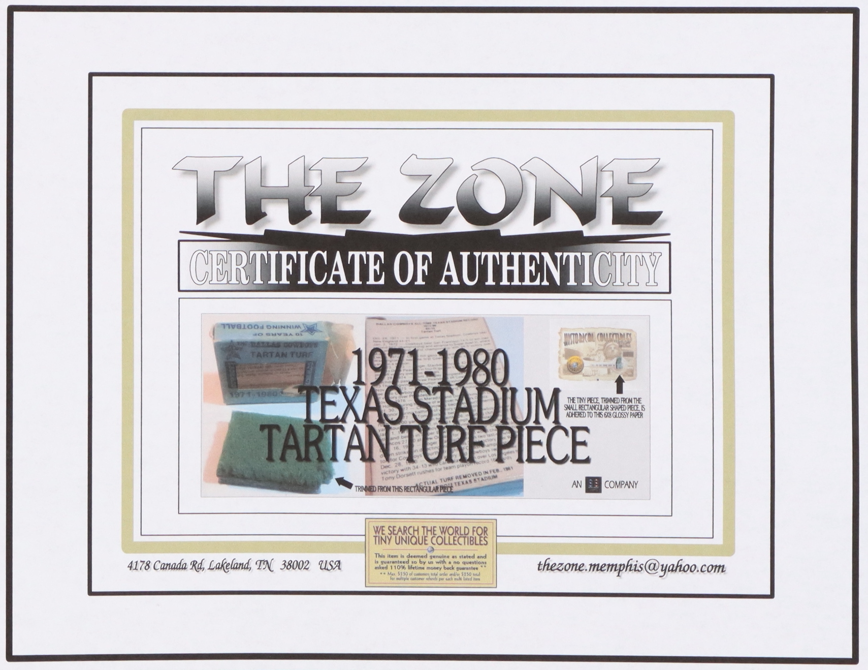 Authentic 1971-1980 Texas Stadium Tartan Turf Piece on 6x8 Photo (The ...