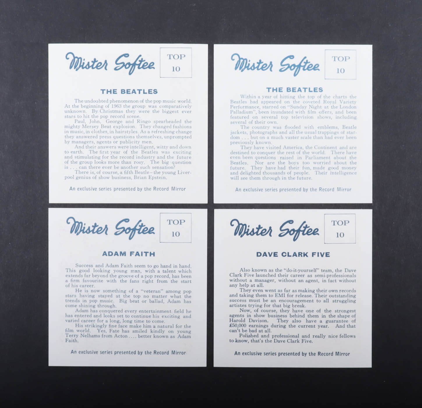 1964 Mister Softee "Top 10 Pop Stars" Complete Set of (12) Cards with ...