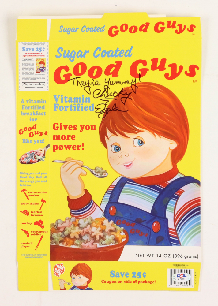 Ed Gale Signed "Chucky" Sugar Coated Good Guys Cereal Box Inscribed ...