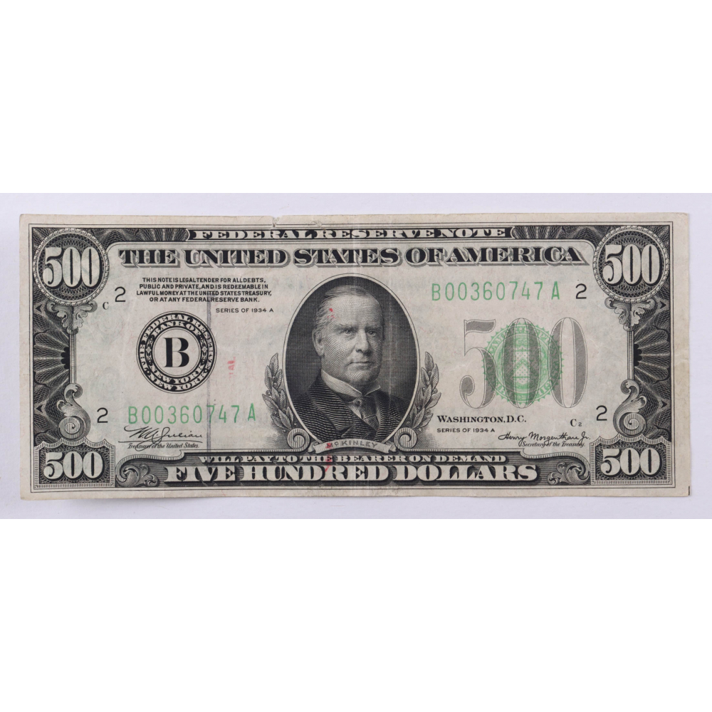 1934 $500 Five Hundred Dollar U.S. Federal Reserve Note | Pristine Auction