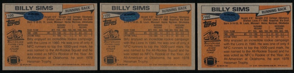 Lot of (3) Billy Sims Signed 1981 Topps Rookie Cards Inscribed "78 ...