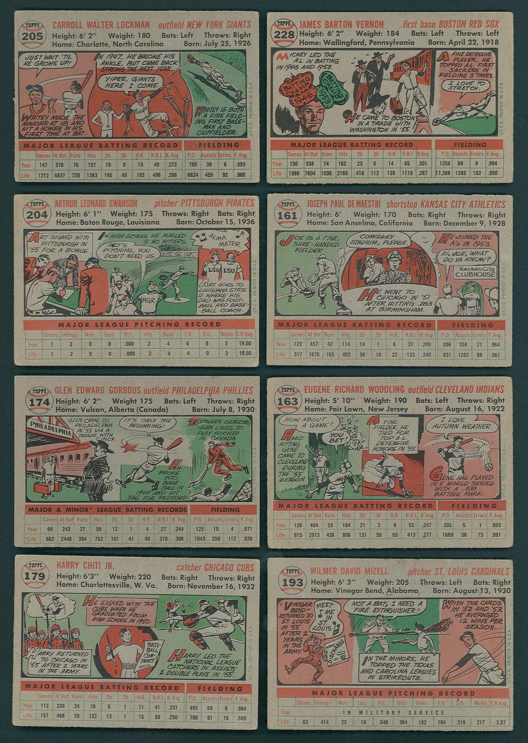 Lot of (8) 1956 Topps Baseball Cards with Mickey Vernon, Whitey Lockman ...