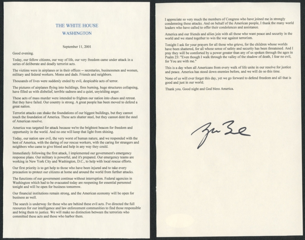 George W. Bush Signed 911 Speech (JSA COA) | Pristine Auction