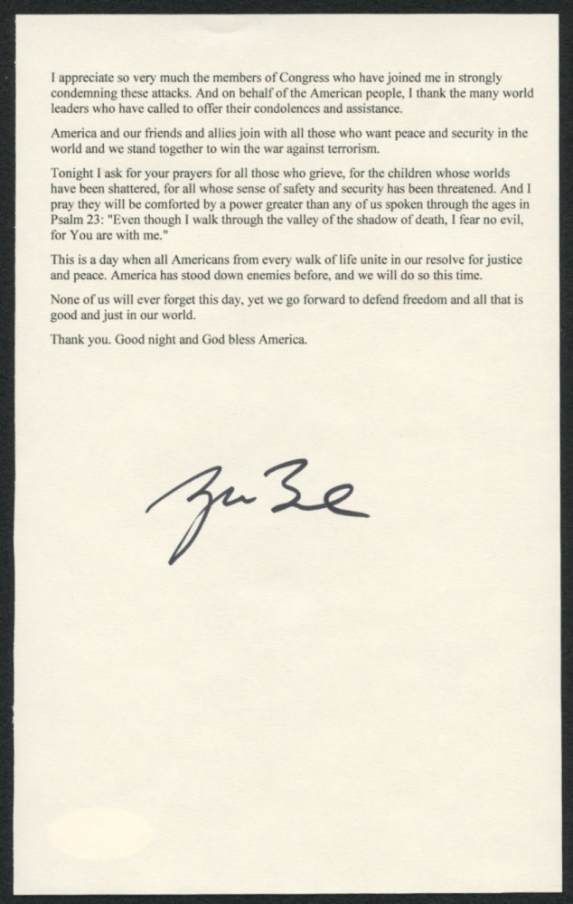 George W. Bush Signed 911 Speech (JSA COA) | Pristine Auction