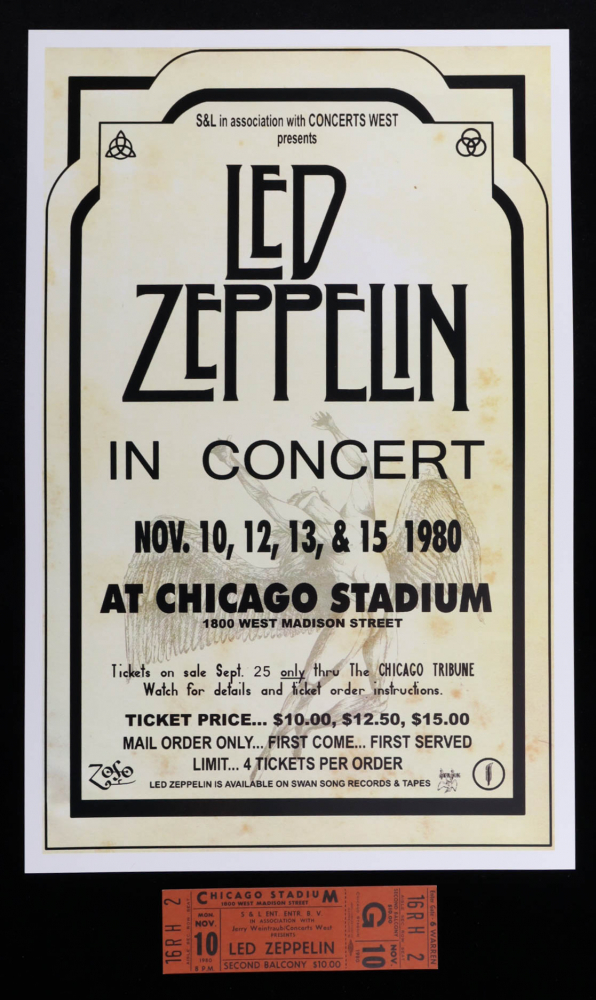1980 Led Zeppelin at Chicago Stadium 11x17 Concert Poster with Ticket ...