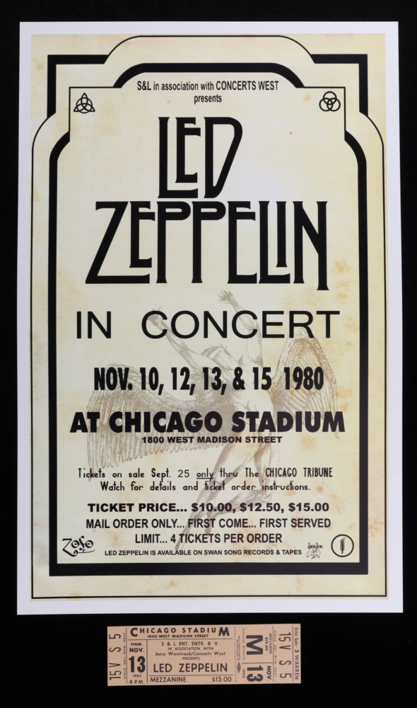1980 Led Zeppelin at Chicago Stadium 11x17 Concert Poster with Ticket ...