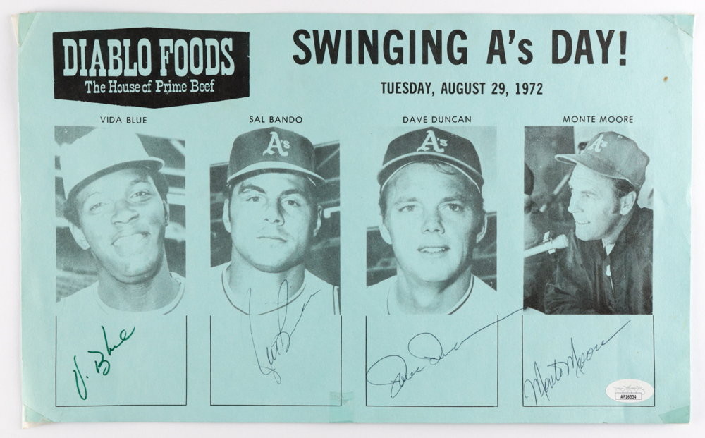 Swining A's Day 9x14 Print Signed by Vida Blue, Sal Bando, Dave Duncan ...