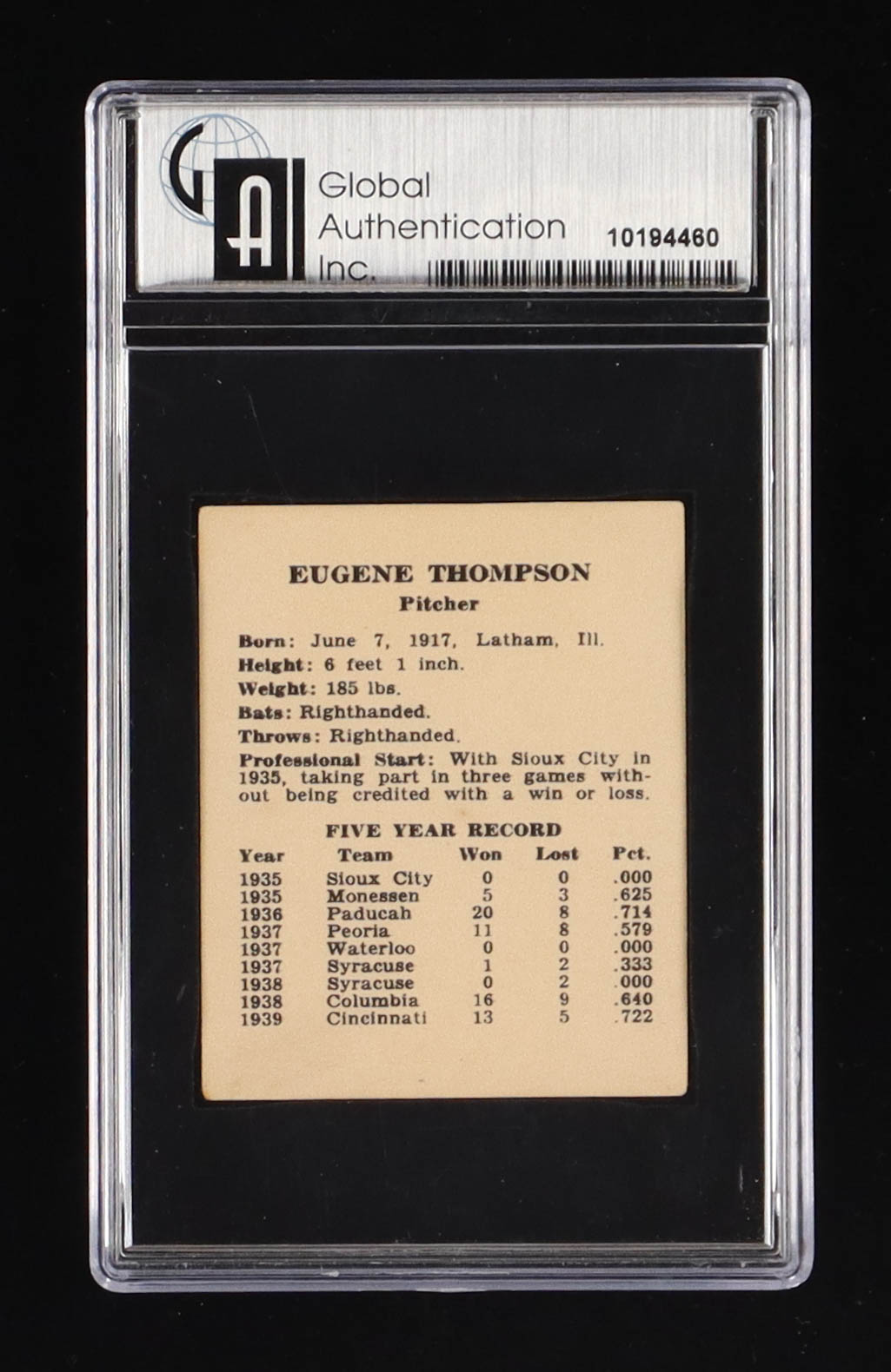 Junior Thompson 1939 Reds Team Issue #21 (GAI 4.5) | Pristine Auction