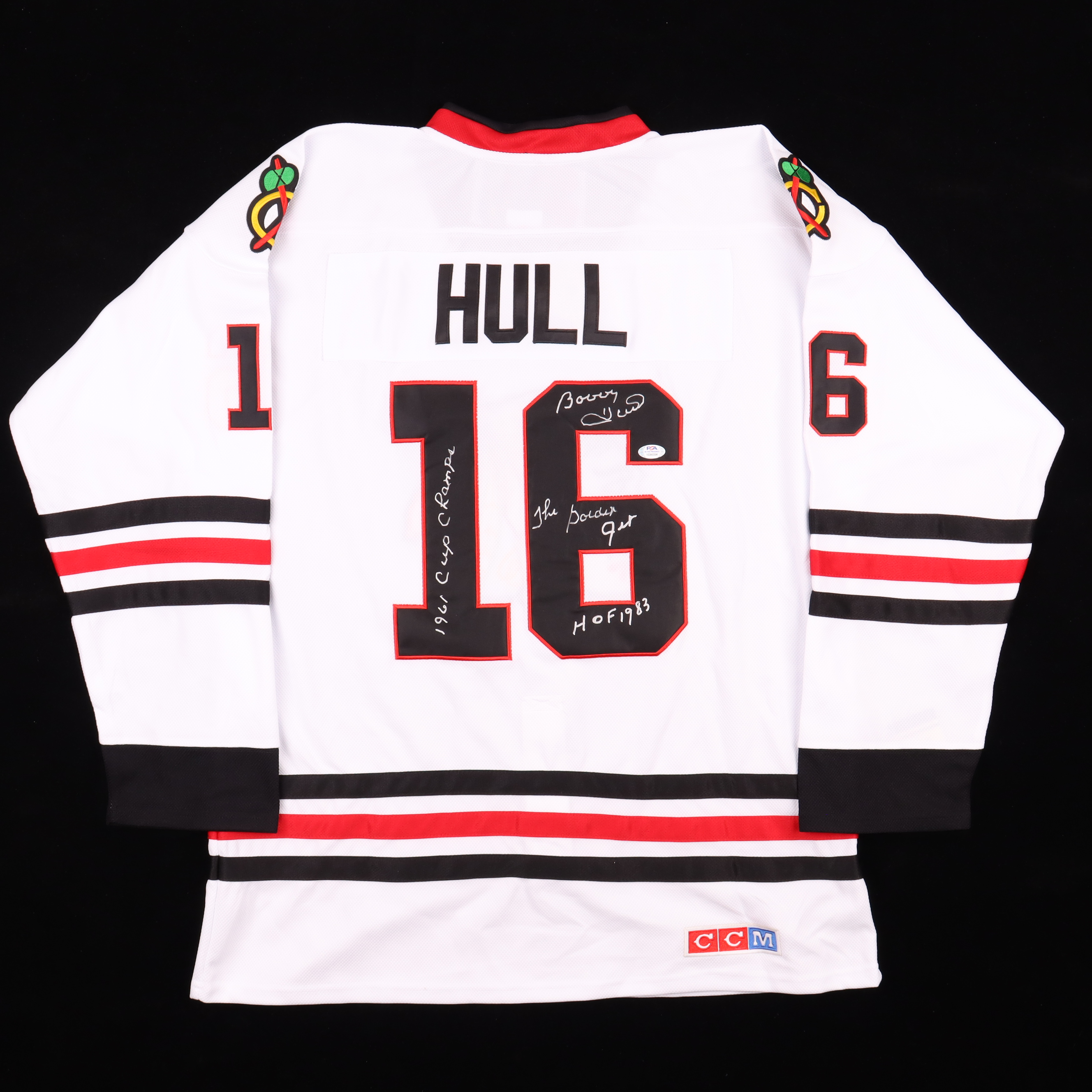 Bobby Hull Signed Blackhawks Jersey Inscribed "1961 Cup Champs", "The ...