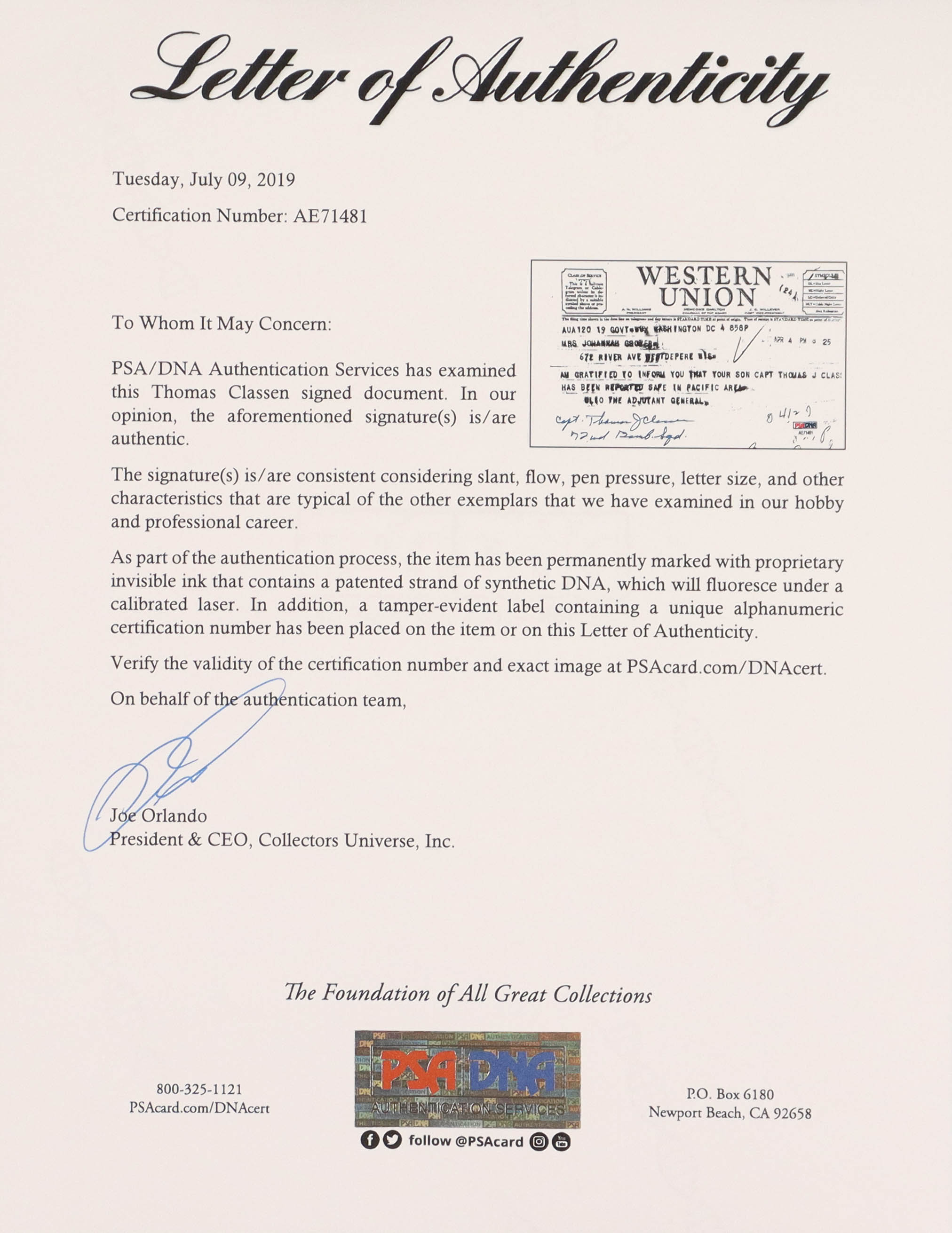 Thomas Classen Signed Western Union Telegram Inscribed "72nd Bomb ...