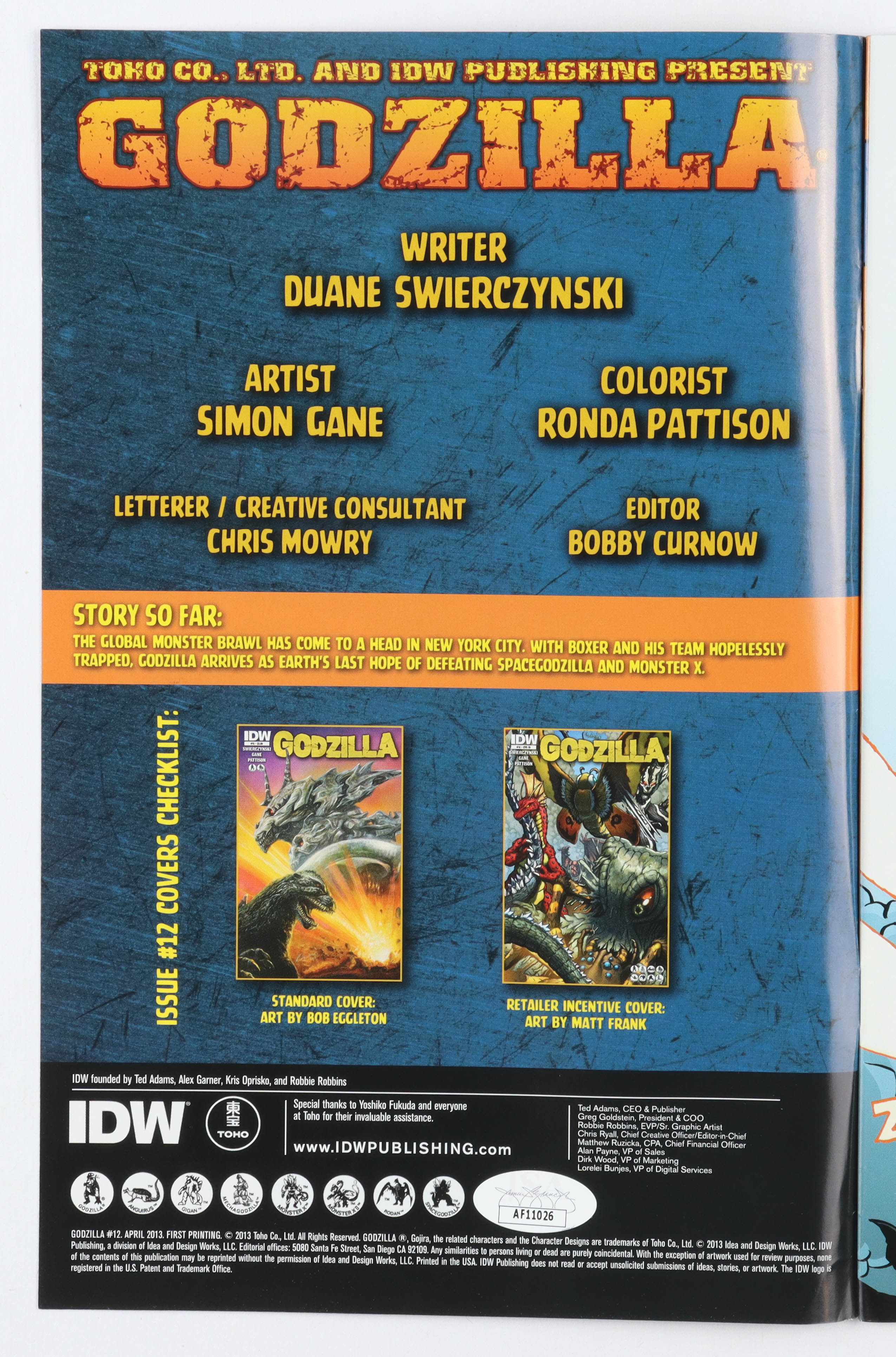 Bob Eggleton Signed 2013 "Godzilla" Issue #12 IDW Comics (JSA ...