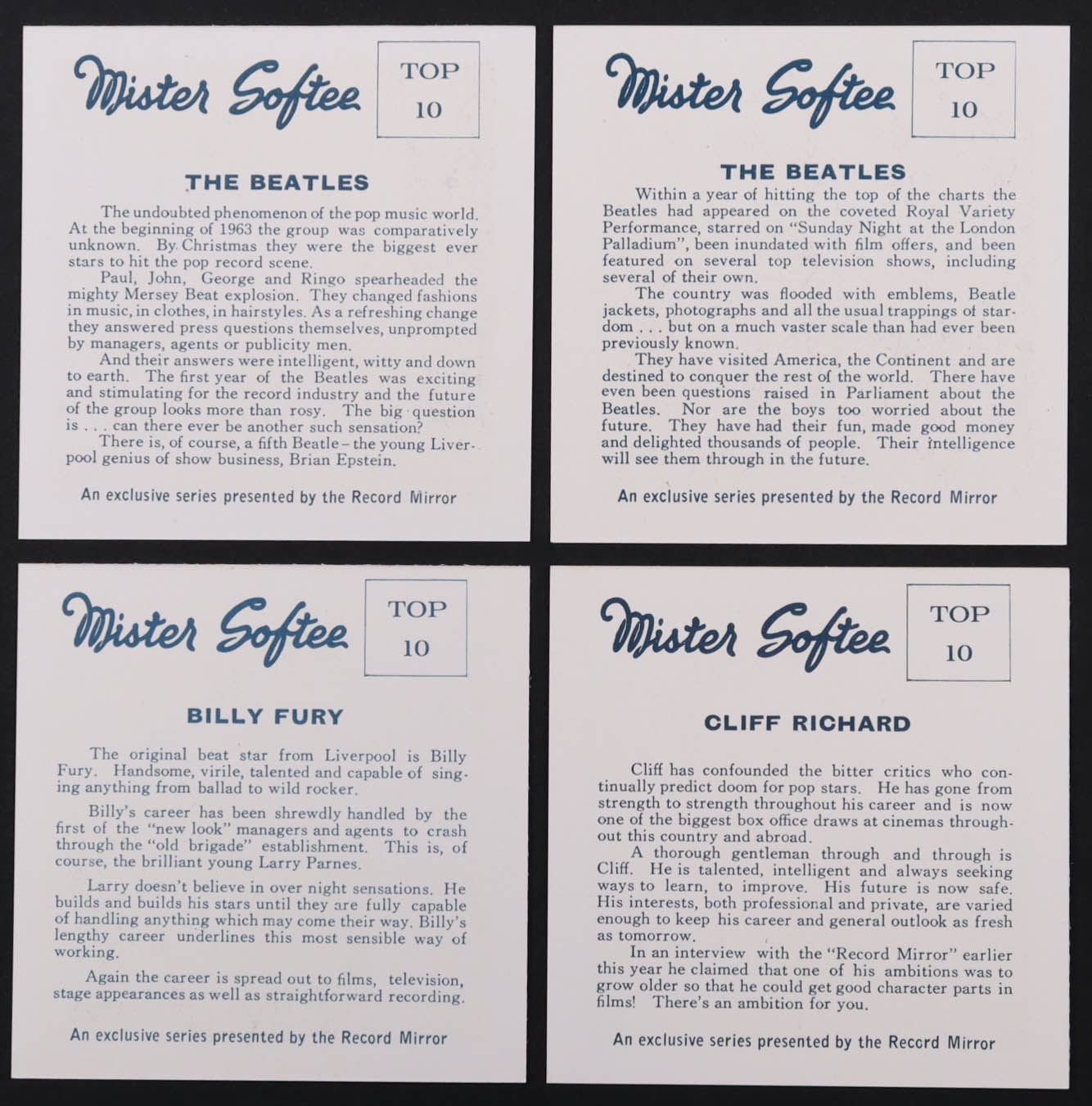 1964 Mister Softee "Top 10 Pop Stars" Complete Set of (12) Cards with ...