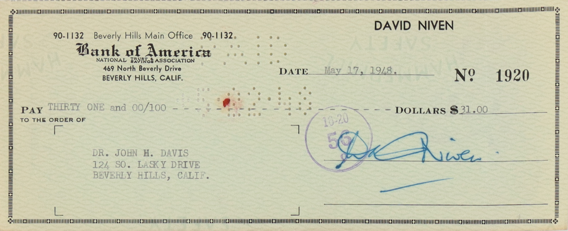 David Niven Signed 1948 Personal Bank Check (PSA) | Pristine Auction