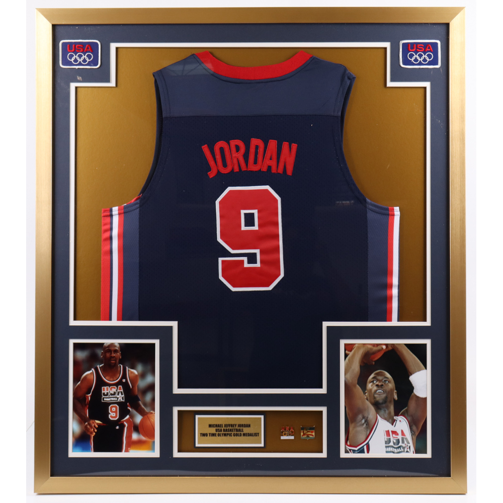 Michael Jordan Team USA Custom Framed Jersey Display with Olympics Pins | Pristine Auction
