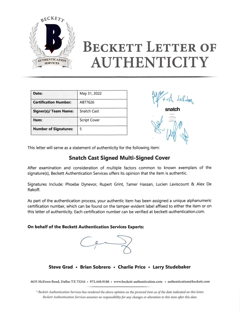 "Snatch" Episode Script Cover Cast-Signed by Phoebe Dynevor, Rubert ...