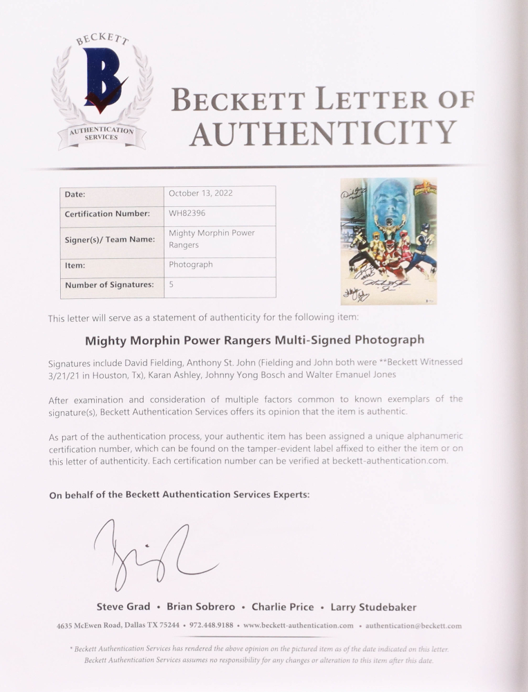 "Mighty Morphin Power Rangers" 11x14 Photo Cast-Signed by (5) with ...