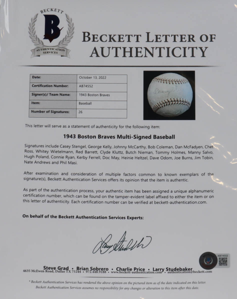 1943 Braves ONL Baseball Team-Signed by (26) with Casey Stengel, George ...