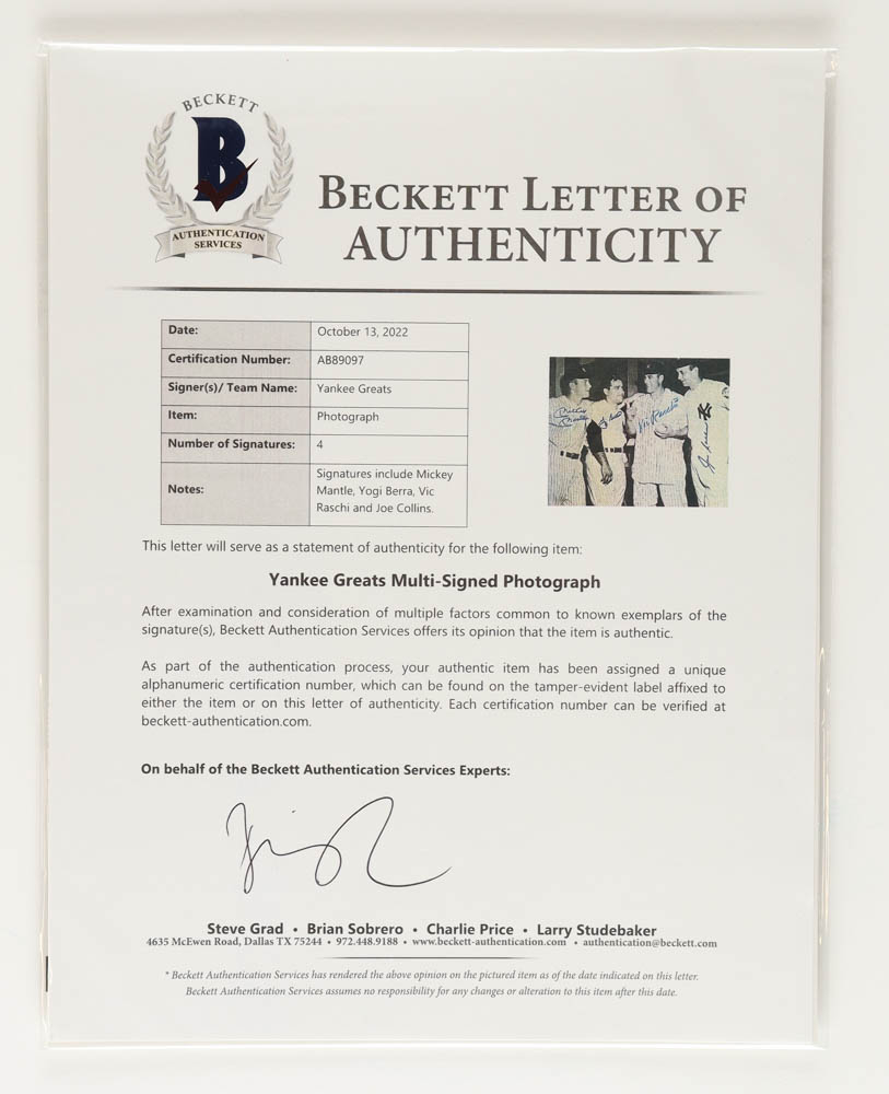 Yankees Greats 8x10 Photo Signed by (4) with Mickey Mantle, Yogi Berra ...