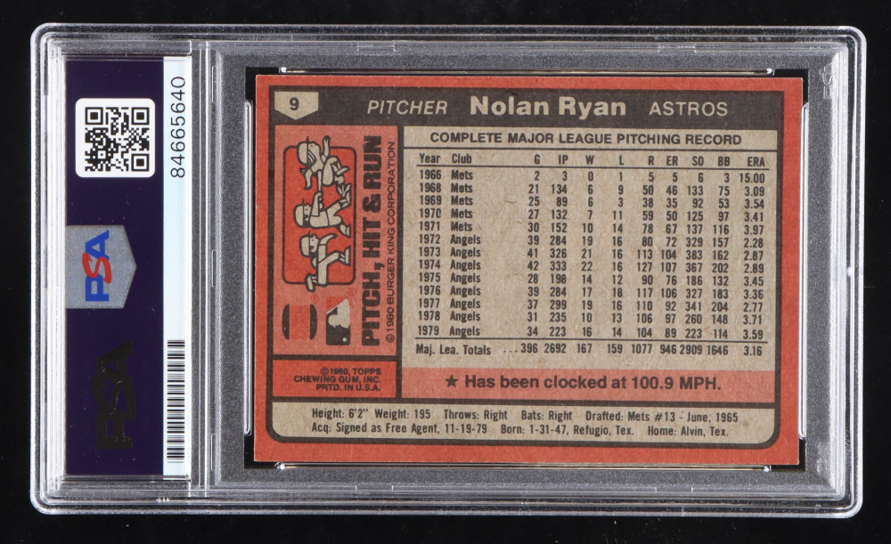 Nolan Ryan Signed 1980 Burger King Pitch / Hit / Run #9 (PSA ...