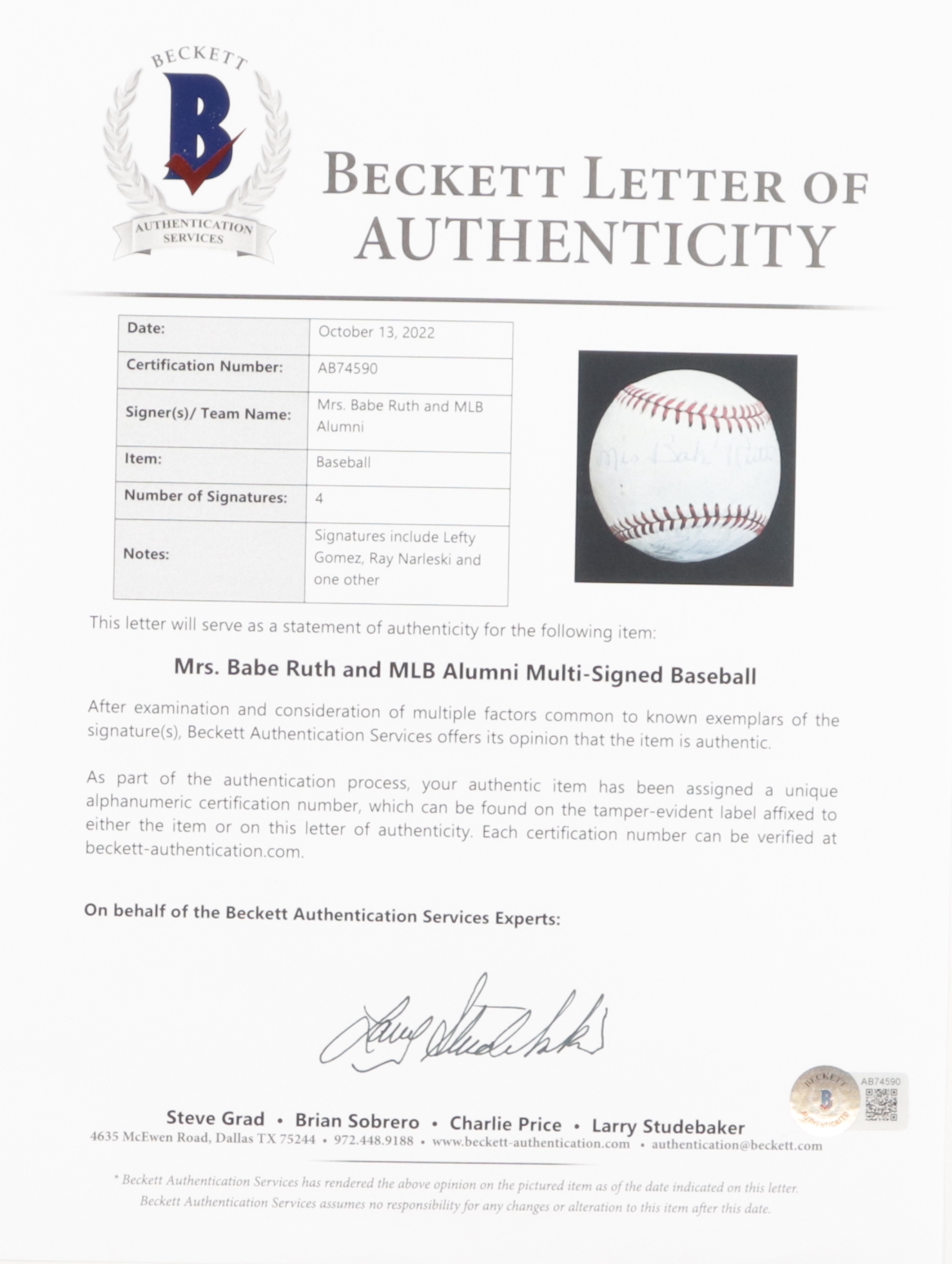 "Mrs. Babe Ruth & MLB Alumni" Babe Ruth League Basseball Signed by (4 ...