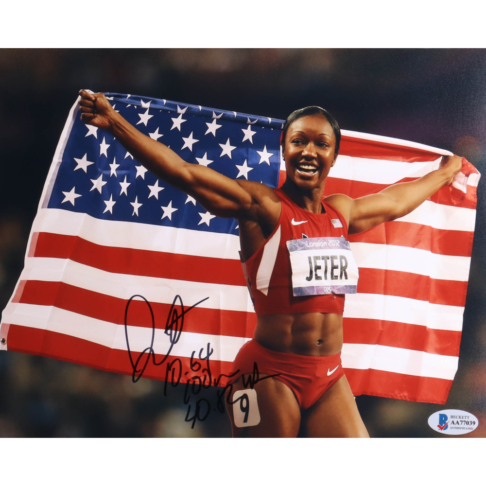 Carmelita Jeter Signed Team USA 8x10 Photo Inscribed "10.64 100m, 40.82 ...