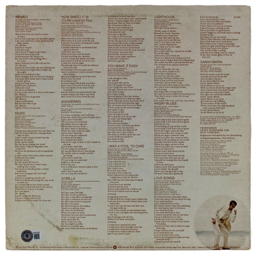 James Taylor Signed "Gorilla" Album Cover (Beckett) | Pristine Auction