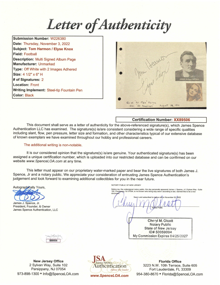 Tom Harmon & Elise Knox Signed 4x6 Cut Inscribed "Star of All-Star Game ...