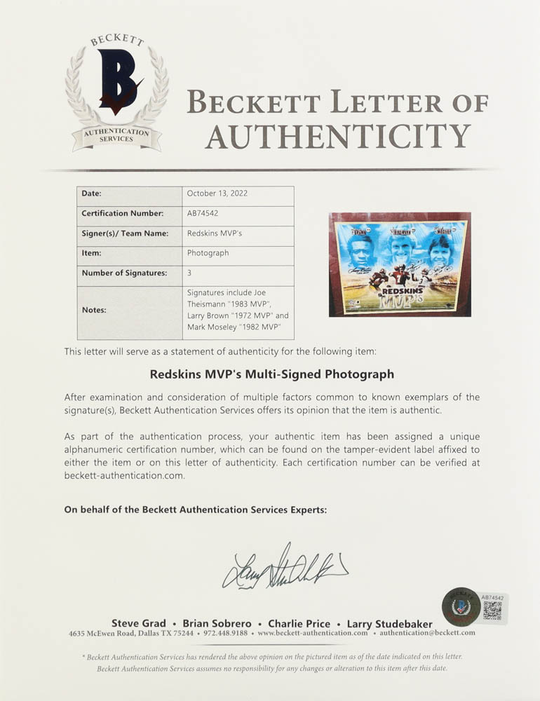 Larry Brown, Joe Theismann & Mark Moseley Signed "Redskins MVP's ...