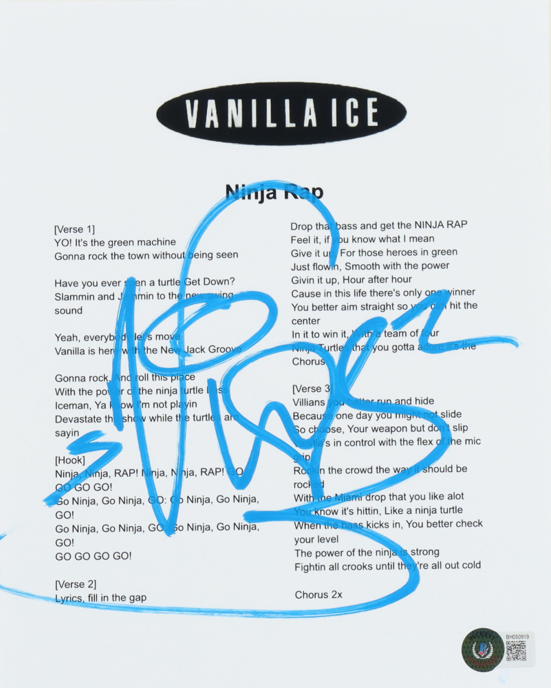 Vanilla Ice Signed "Ninja Rap" 8x10 Lyric Sheet (Beckett) | Pristine ...