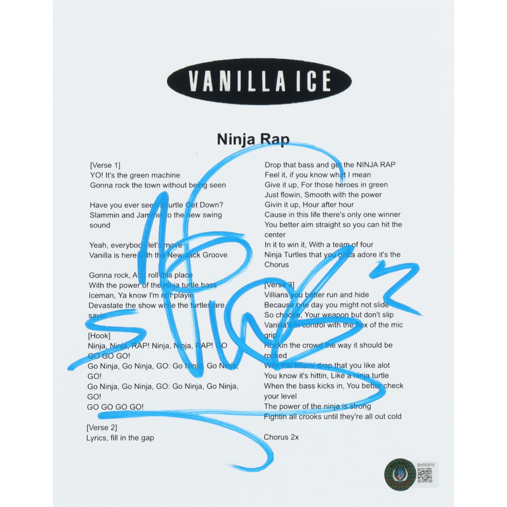 Vanilla Ice Signed "Ninja Rap" 8x10 Lyric Sheet (Beckett) | Pristine ...