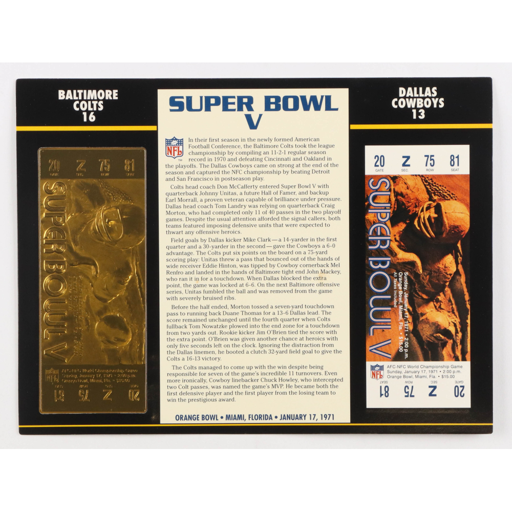 Super Bowl V Commemorative 9x12 Score Card Display with 23kt Gold ...