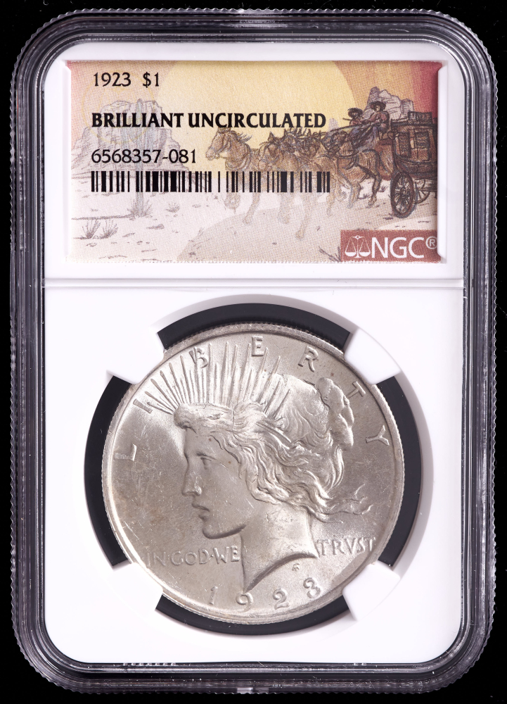 1923 $1 Peace Silver Dollar - Stage Coach Label (NGC Brilliant Uncirculated) | Pristine Auction