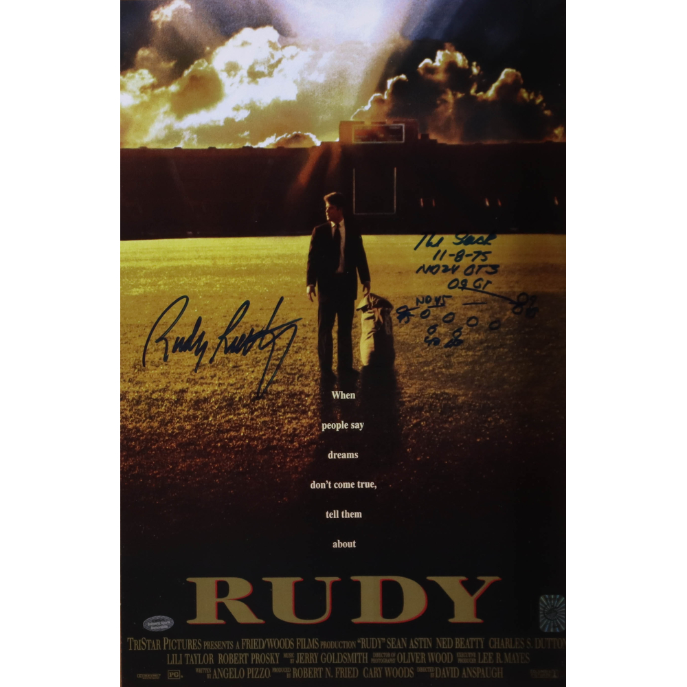Rudy Ruettiger Signed "Rudy" 11x17 Movie Poster Inscribed "The Sack ...