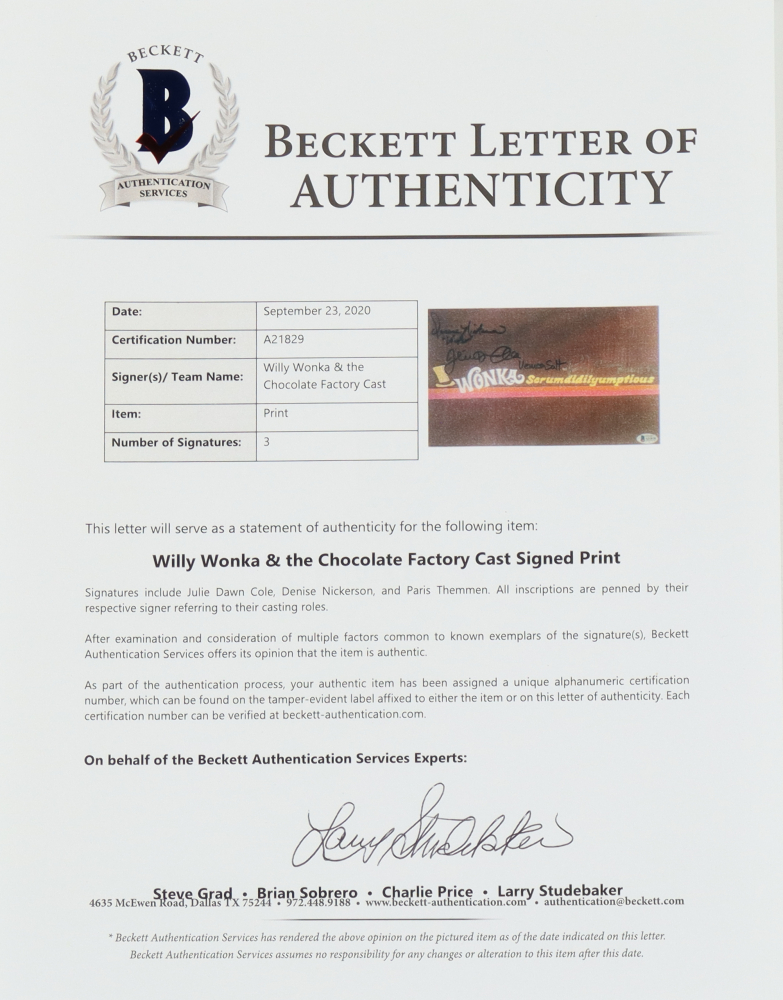 Julie Dawn Cole, Denise Nickerson & Paris Themmen Signed "Willy Wonka ...