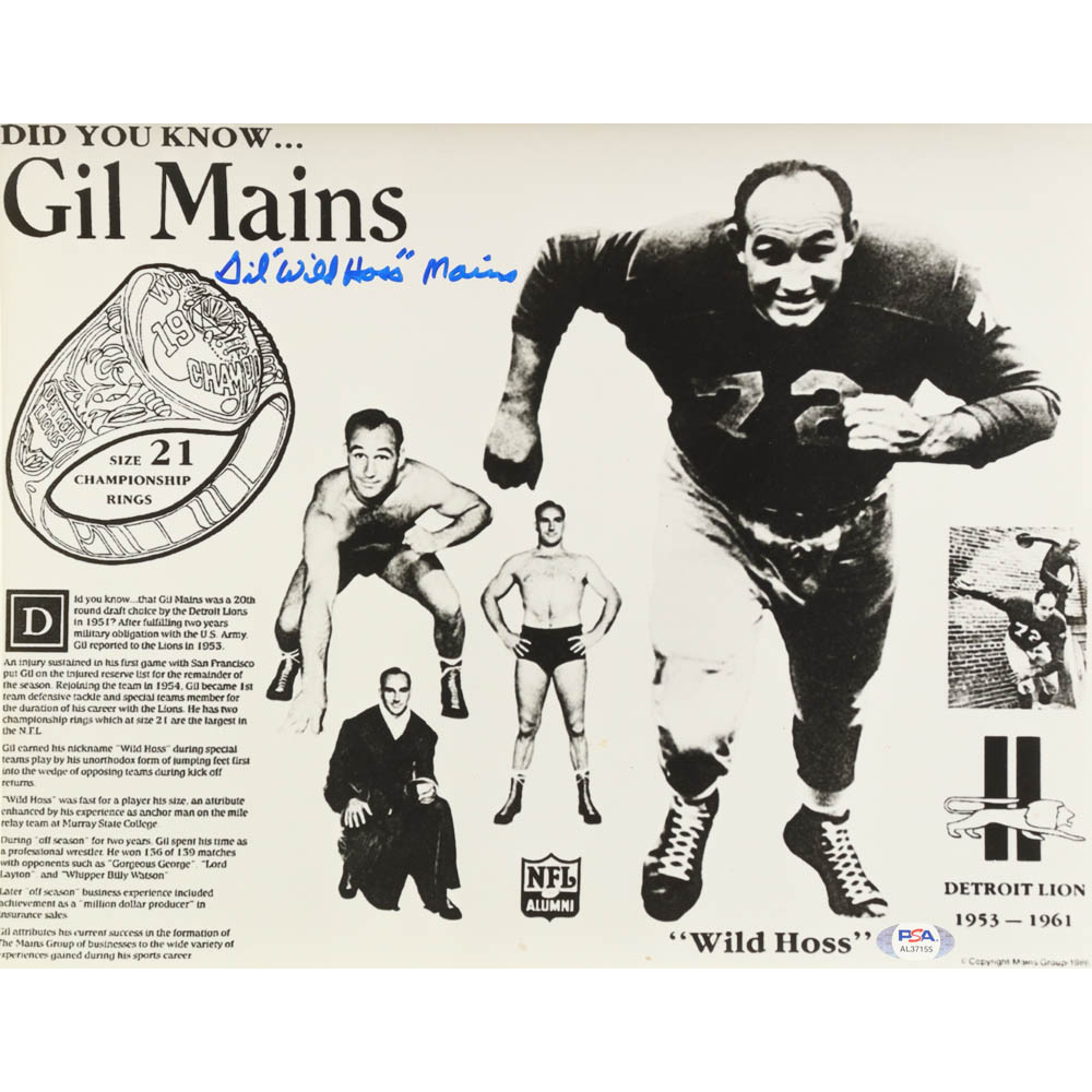 Gil "Wild Hoss" Mains Signed Lions 11x14 Photo (PSA) | Pristine Auction