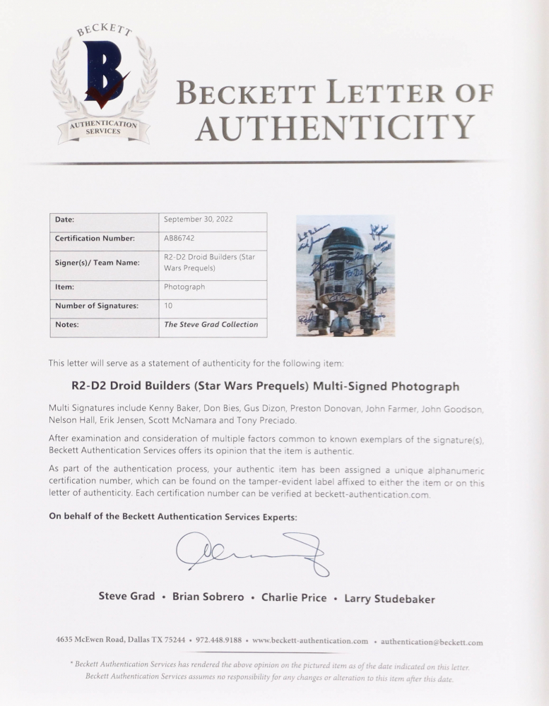 "Star Wars" 8x10 Photo Signed by (10) with Kenny Baker, Don Bies, Gus ...