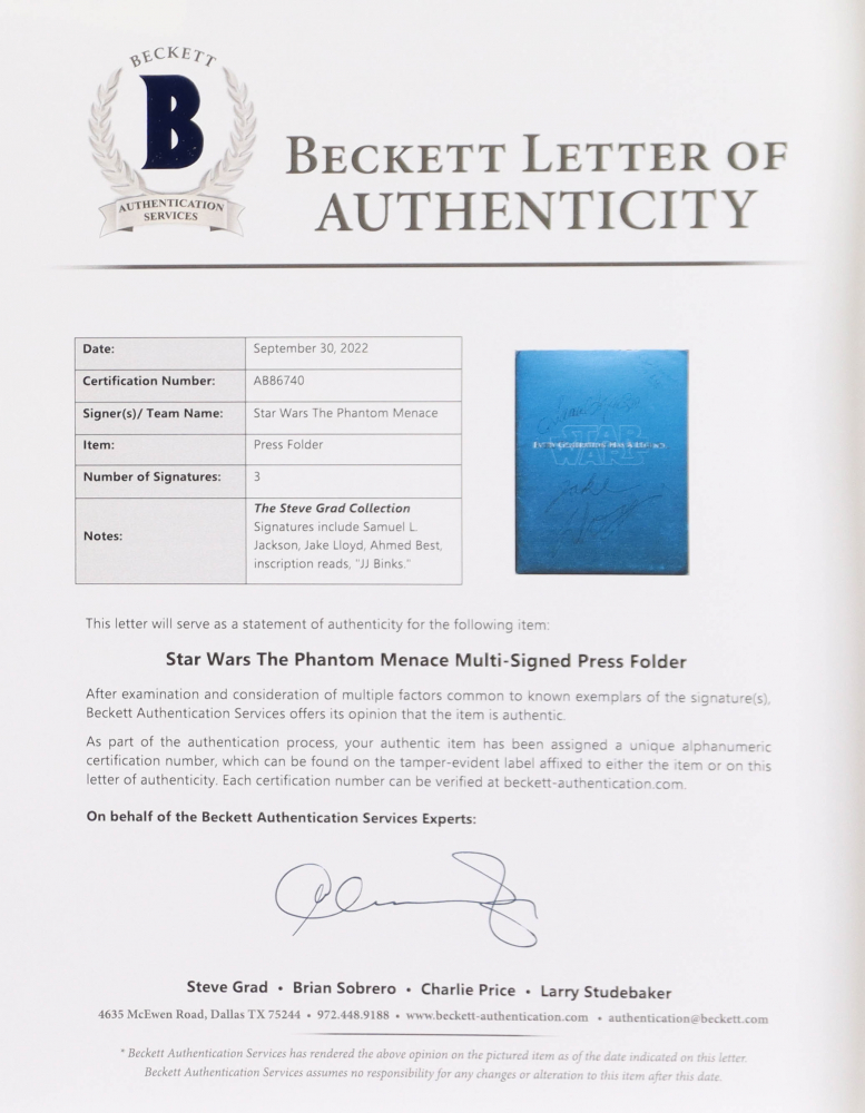 Samuel L. Jackson, Jake Lloyd & Ahmed Best Signed 1999 "Star Wars ...