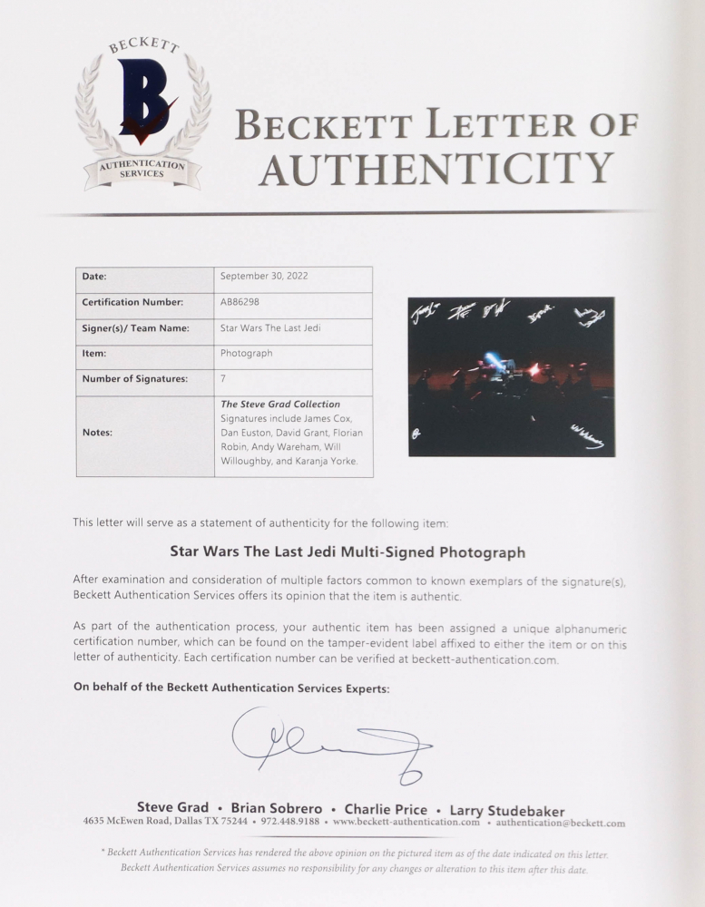 "Star Wars: The Last Jedi" 11x14 Photo Signed by (7) with James Cox ...