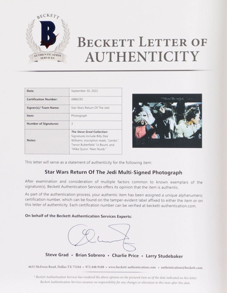 Billy Dee Williams, Trevor Butterfield & Mike Quinn Signed "Star Wars ...