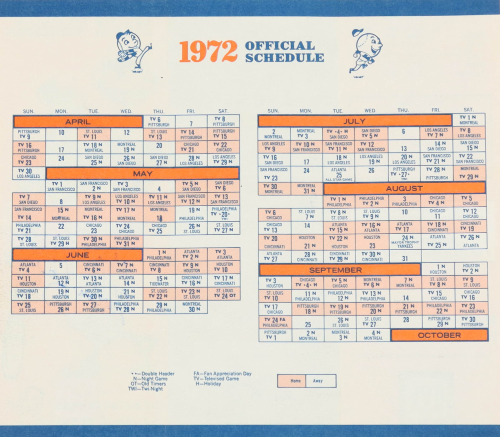 Nolan Ryan Signed 1972 Mets Team Schedule (PSA) | Pristine Auction