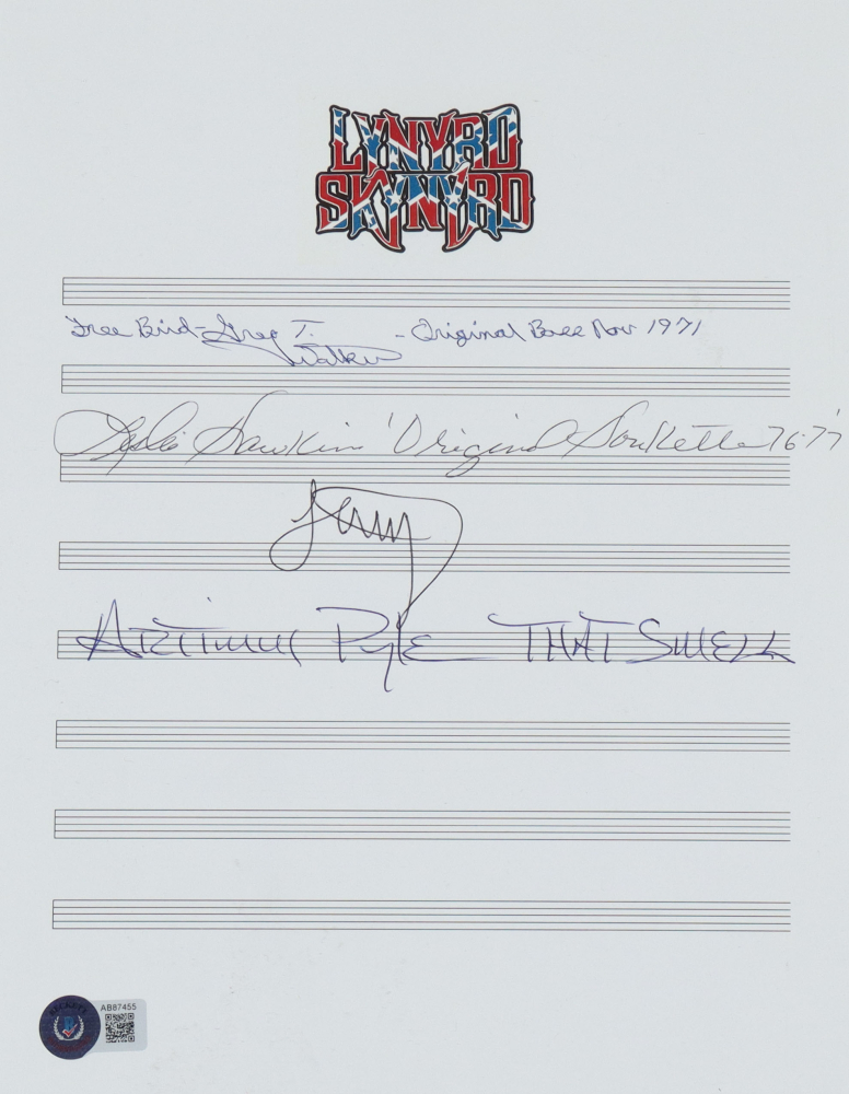 Lynyrd Skynyrd Lyrics Sheet Band Signed by (4) with Artimus Pyle, Greg ...