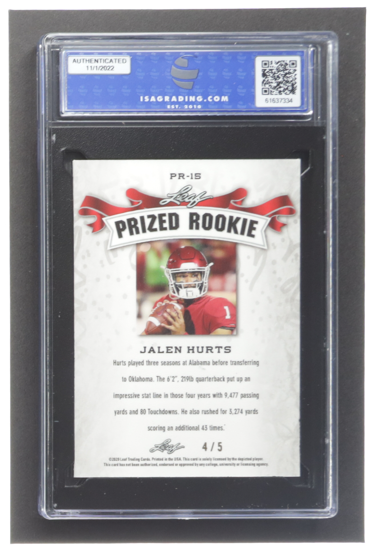 Jalen Hurts 2020 Leaf Prized Rookie Green #PR15 #4/5 (ISA 10 ...