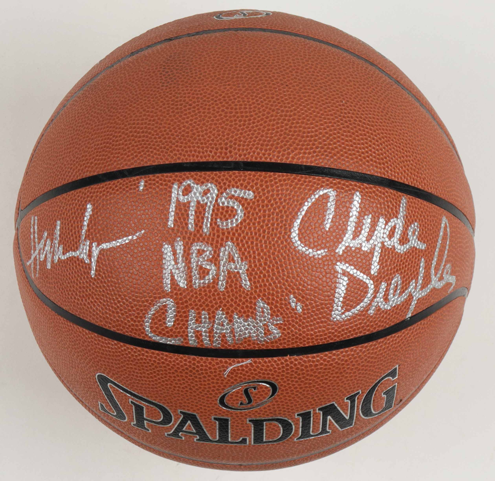 Clyde Drexler & Hakeem Olajuwon Signed Basketball Inscribed "1995 NBA ...