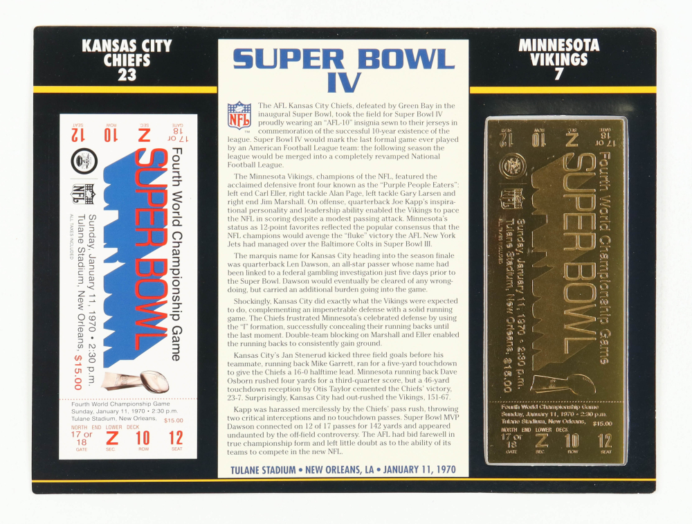 Super Bowl IV Commemorative 9x12 Score Card Display with 23kt Gold ...
