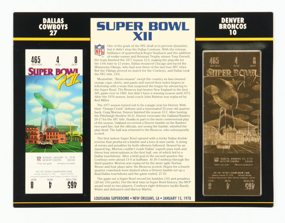 Super Bowl XII Commemorative 9x12 Score Card Display with 23kt Gold ...